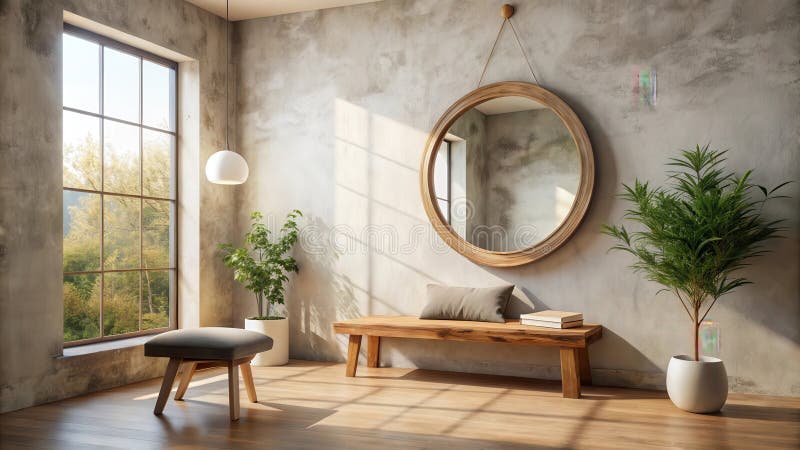 Sunlit Modern Entryway with Wooden Bench and Round Mirror. Generative ...