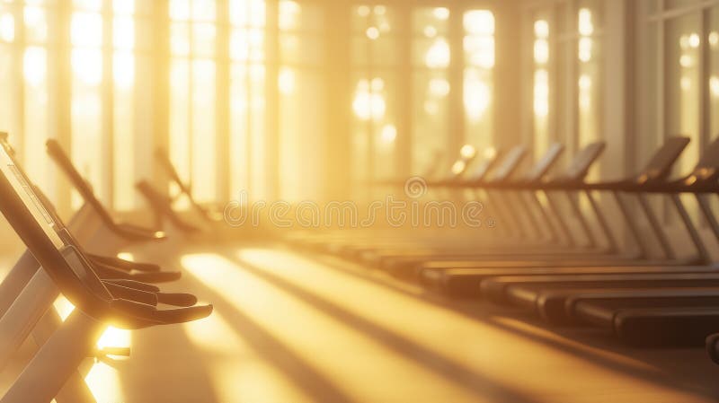 Sunlit Modern Gym with Row of Treadmills in Warm Golden Light Stock ...