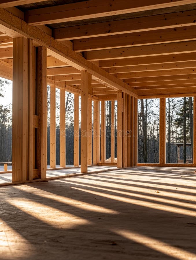 Sunlit Modern House Under Construction with Wooden Framing Showcasing ...
