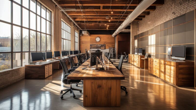 Sunlit Modern Industrial Office Workspace with Wooden Desks Stock ...