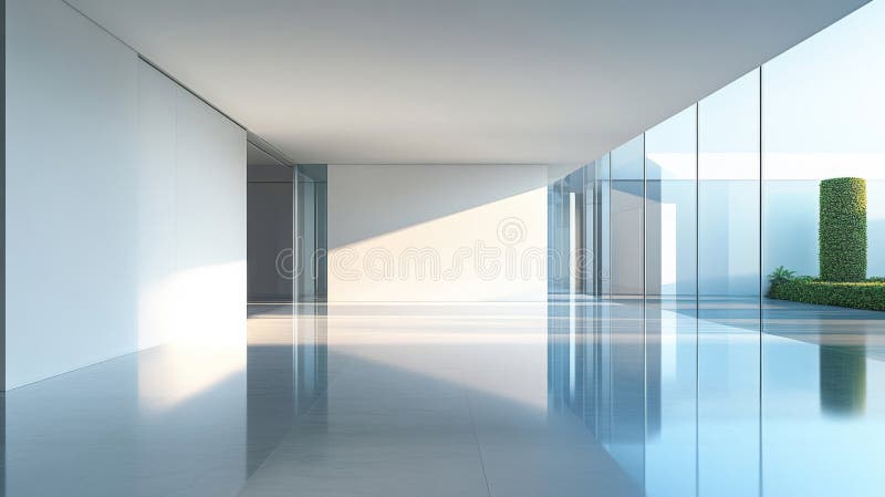 Sunlit Modern Interior with Reflective Floor and Glass Walls Stock ...