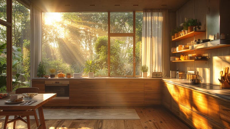 Sunlit Modern Kitchen Interior with Wooden Cabinets - Generative Ai ...