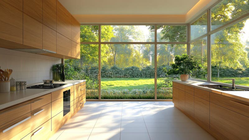 Sunlit Modern Kitchen with Lush Garden View Stock Illustration ...