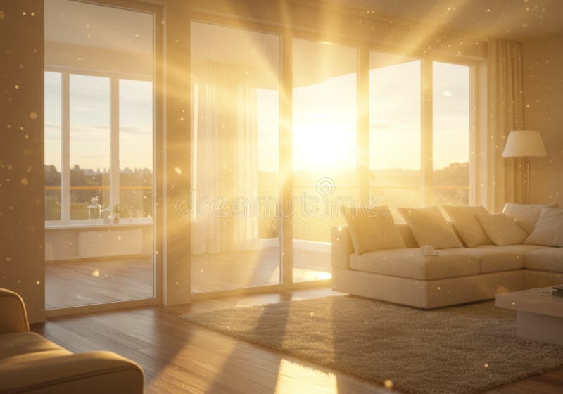 Sunlit Modern Living Room with City View at Sunset Stock Illustration ...