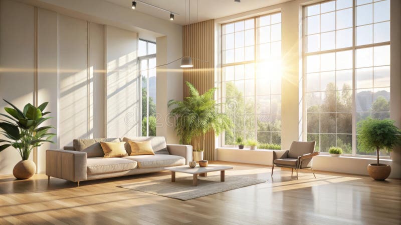 Sunlit Modern Living Room with Large Windows and Natural Decor ...