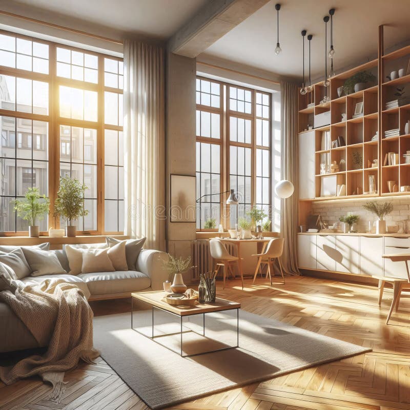 Sunlit Modern Living Room with Stylish Decor and Plants Stock ...