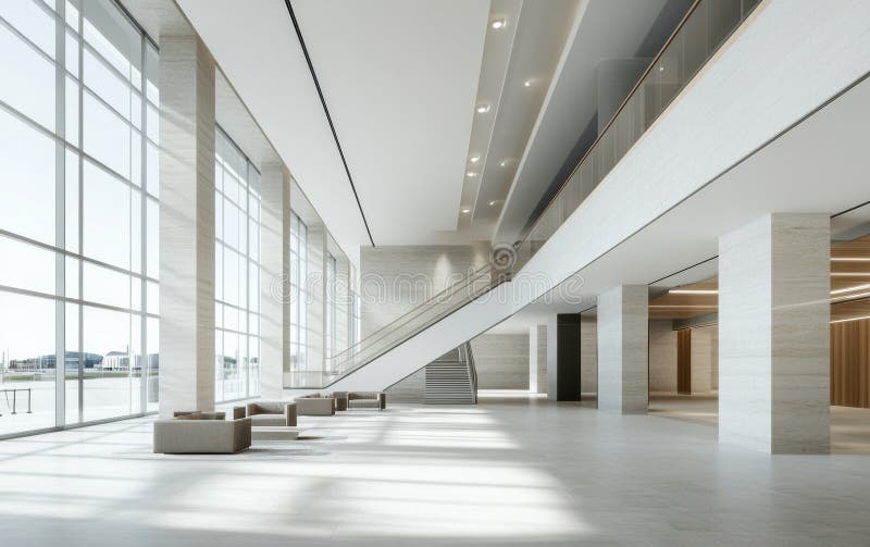 Sunlit Modern Lobby with Floating Staircase Stock Illustration ...