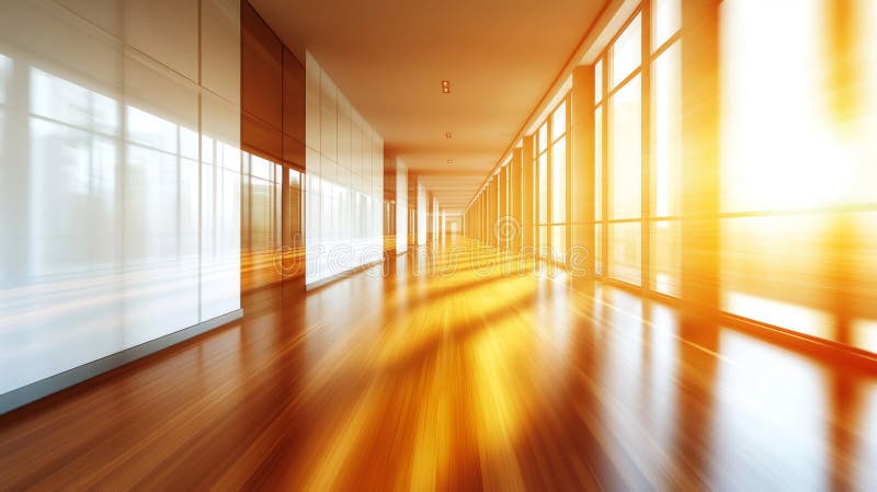 Sunlit Modern Office Corridor with Wooden Floor Stock Illustration ...