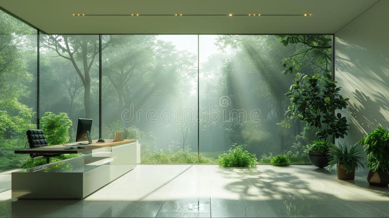 Sunlit Modern Office with Forest View - Generative Ai Stock ...
