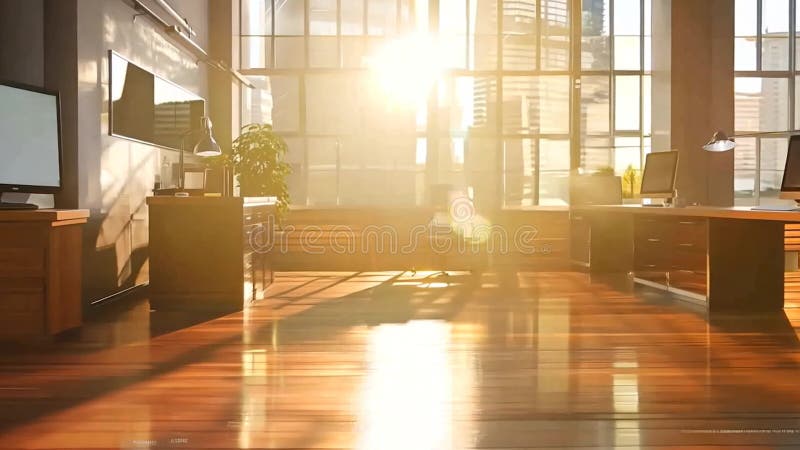 Sunlit Modern Office Interior with Computers and Desks. Cozy Workplace ...
