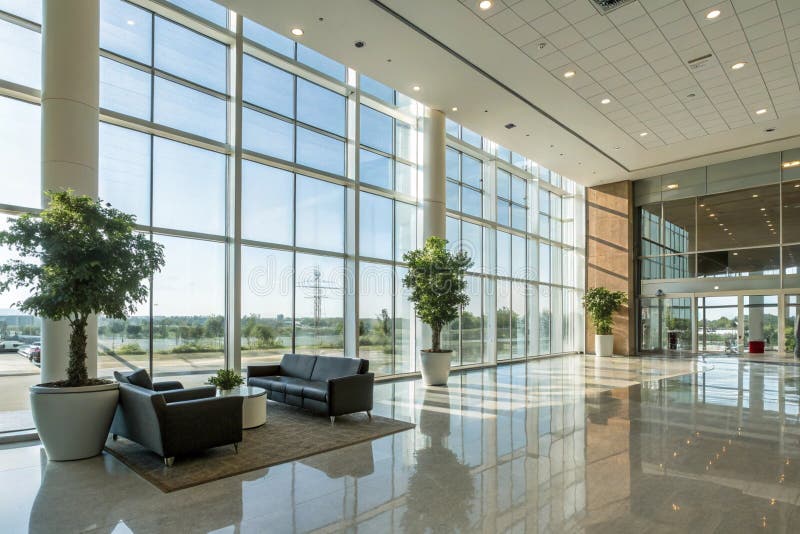 Sunlit Modern Office Lobby with Polished Floors and Large Windows Stock ...