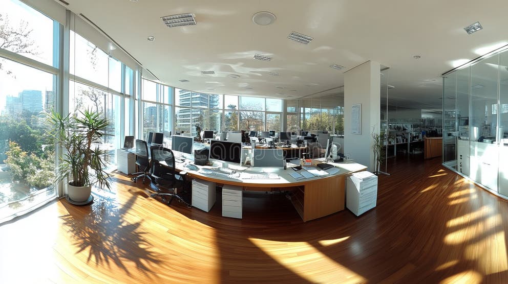 Sunlit Modern Office with Rows of Computers, Large Windows, and ...