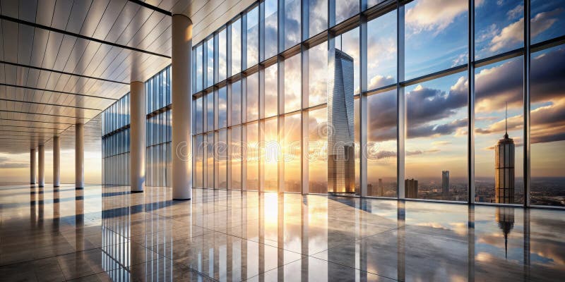 Sunlit Modern Office Space with Panoramic Cityscape View at Sunset ...