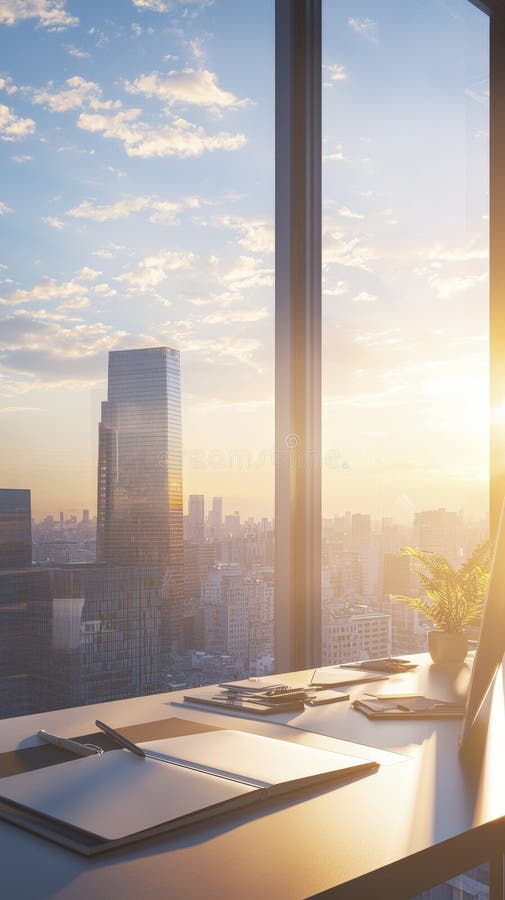 Sunlit Modern Office Window View Over Urban Skyline Stock Illustration ...