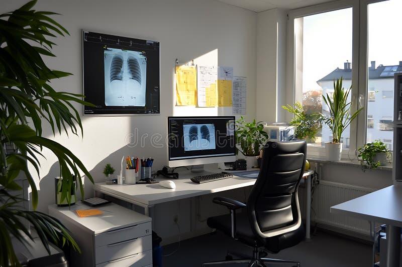 Sunlit Modern Office Workspace with Medical Imaging Displays Stock ...