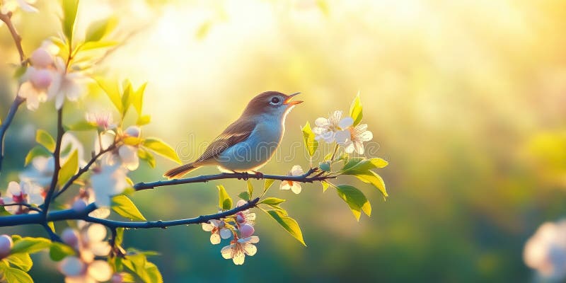 Sunlit Moment: Bird Singing in Spring. Stock Illustration ...