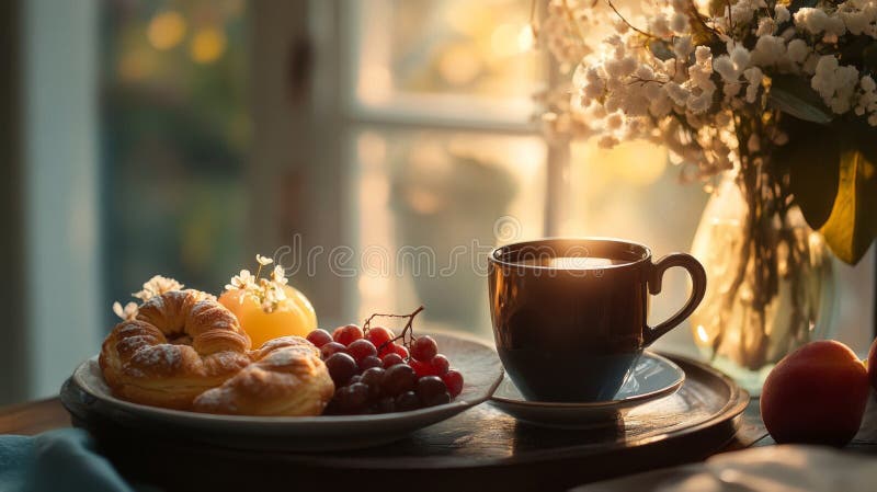 Sunlit Morning Breakfast Tea Pastry and Fruit Stock Illustration ...