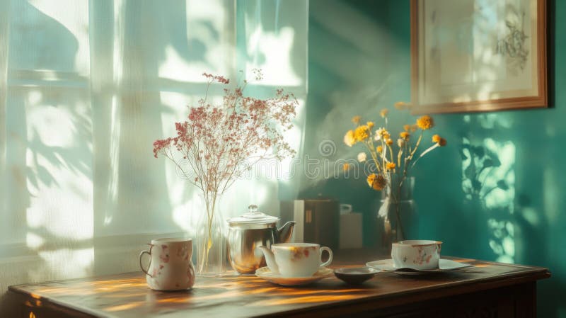Sunlit Morning Tea Setting with Dried Flowers and Soft Light Stock ...