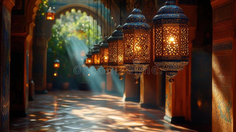 Sunlit Moroccan Lanterns Corridor Stock Image - Image of meditation ...