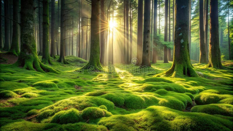 Sunlit Mossy Forest Floor with Tall Trees at Dawn. Generative AI Stock ...