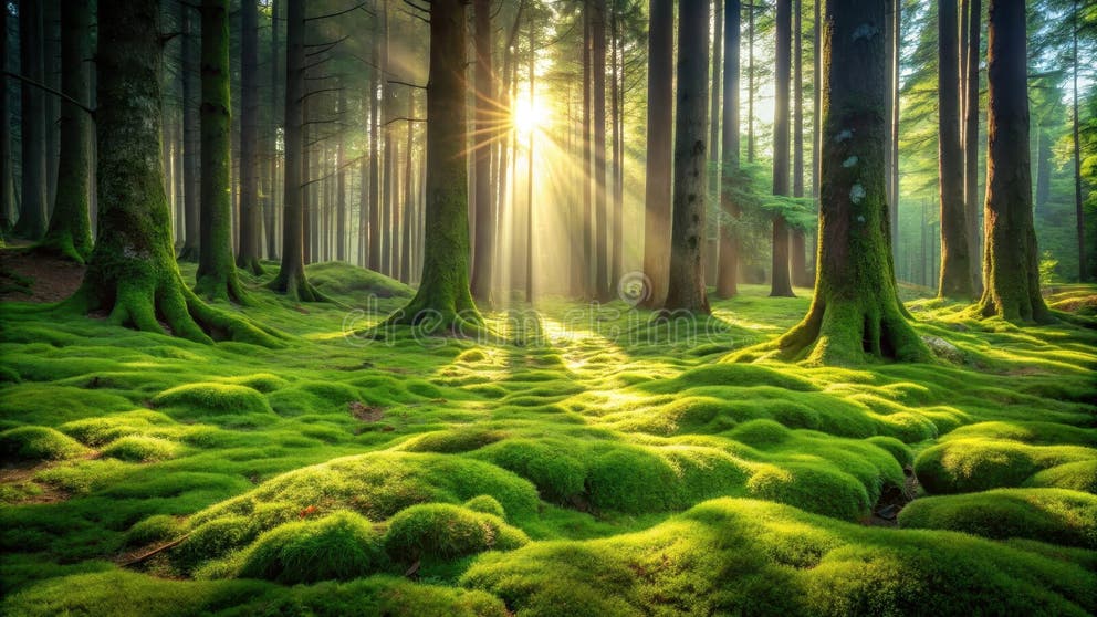 Sunlit Mossy Forest Floor with Tall Trees at Dawn. Generative AI Stock Illustration ...