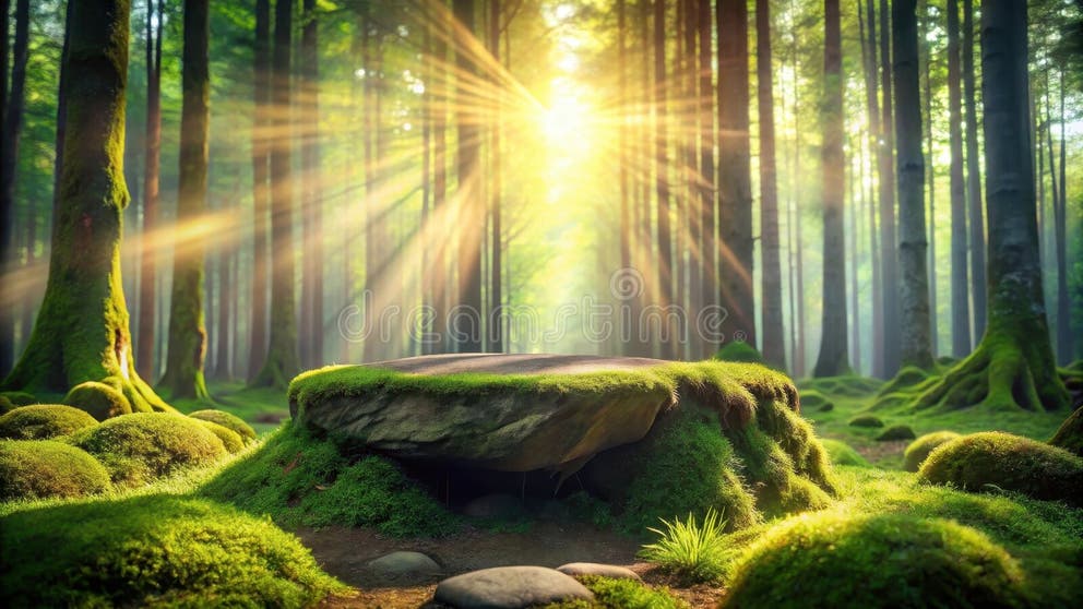 Sunlit Mossy Stone Platform in an Enchanted Forest. Generative AI Stock ...