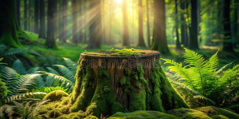 Sunlit Mossy Tree Stump in a Verdant Forest. Generative AI Stock ...