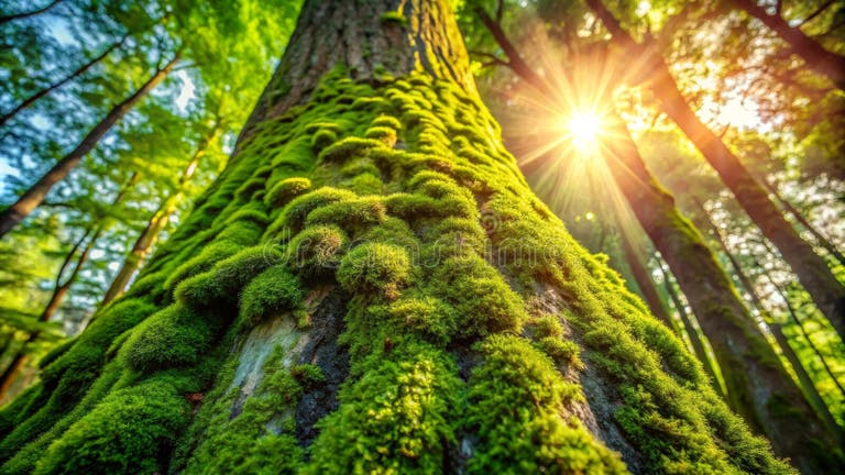Sunlit Mossy Tree Trunk in Lush Forest Canopy. Generative AI Stock Illustration - Illustration ...