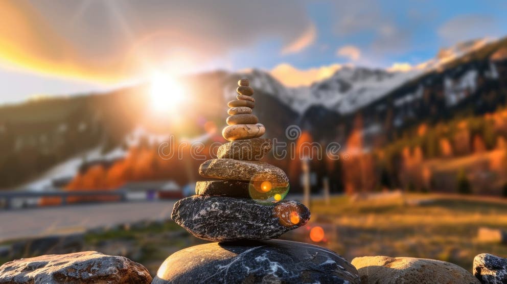 Sunlit Mountain Landscape with Balanced Stone Stack at Sunrise Stock ...