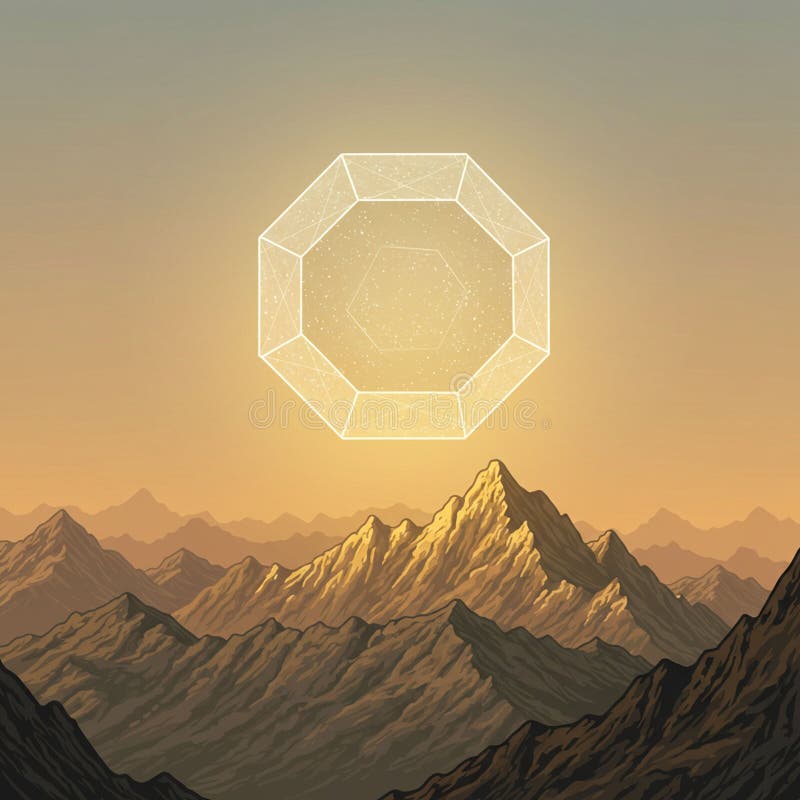 Sunlit Mountain Range Under a Clear Sky, with a Large, Geometric ...