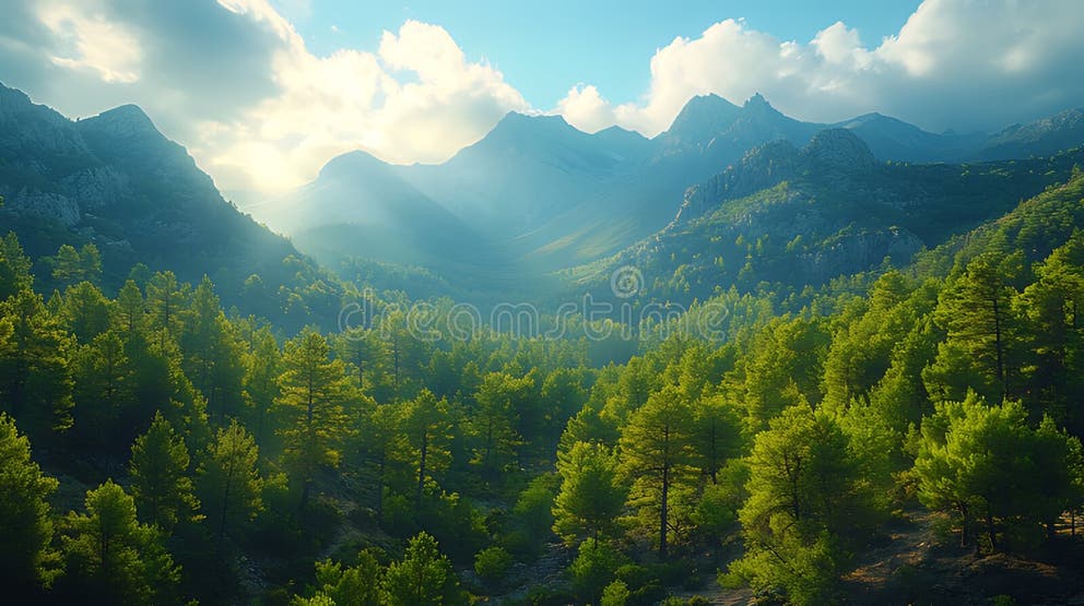 Sunlit Mountain Valley Forest Landscape Stock Illustration ...