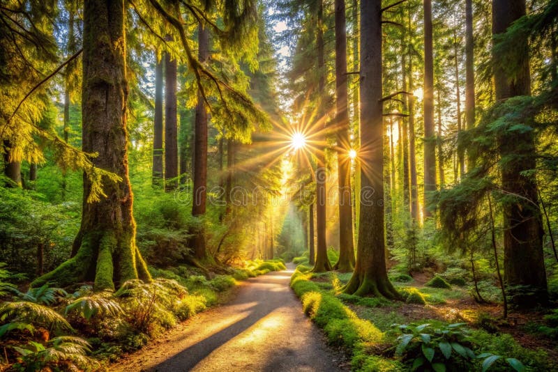 Sunlit Nature Path in Pacific Northwest Stock Illustration ...