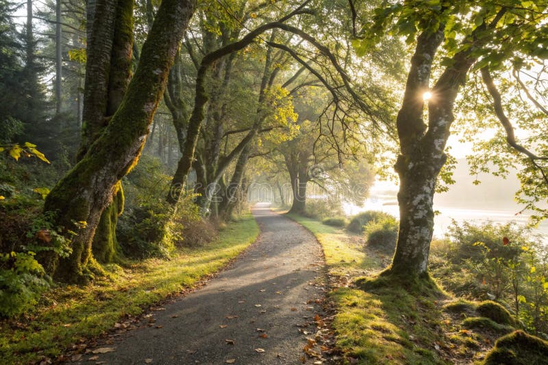 Sunlit Nature Path. Pacific Northwest Tree-lined Sunny Dappled Nature ...