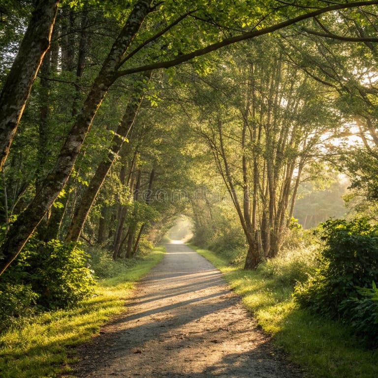 Sunlit Nature Path. Pacific Northwest Tree-lined Sunny Dappled Nature ...