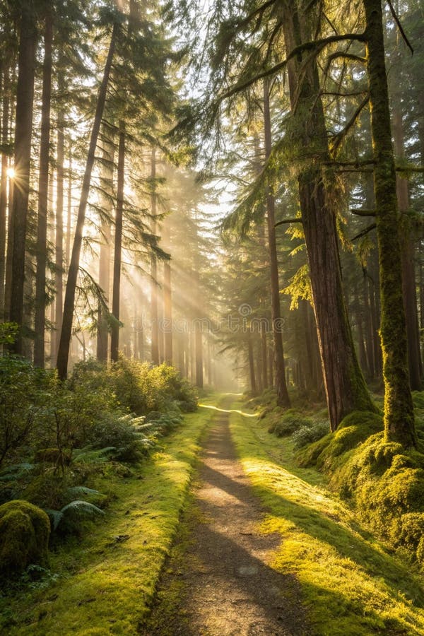 Sunlit Nature Path. Pacific Northwest Tree-lined Sunny Dappled Nature ...