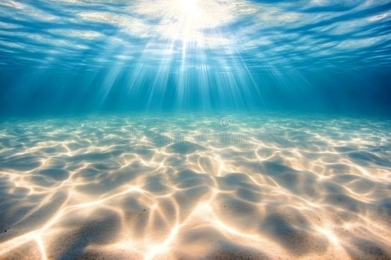 Sunlit Ocean Floor with Underwater Ripples and Sun Rays on Sandy Bottom ...