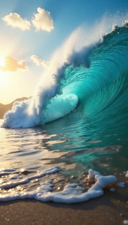 Sunlit Ocean Wave Crashes Powerfully on Shore, Crashing, Nature Stock ...