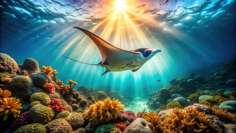 Sunlit Oceanic Scene Featuring a Graceful Ray Soaring Above Vibrant ...