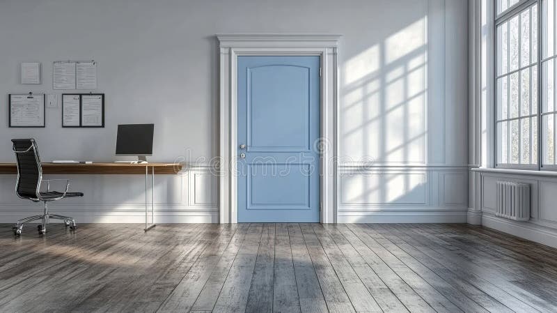 Sunlit Office, Blue Door, Desk, Documents, Hardwood Floor Stock Image ...