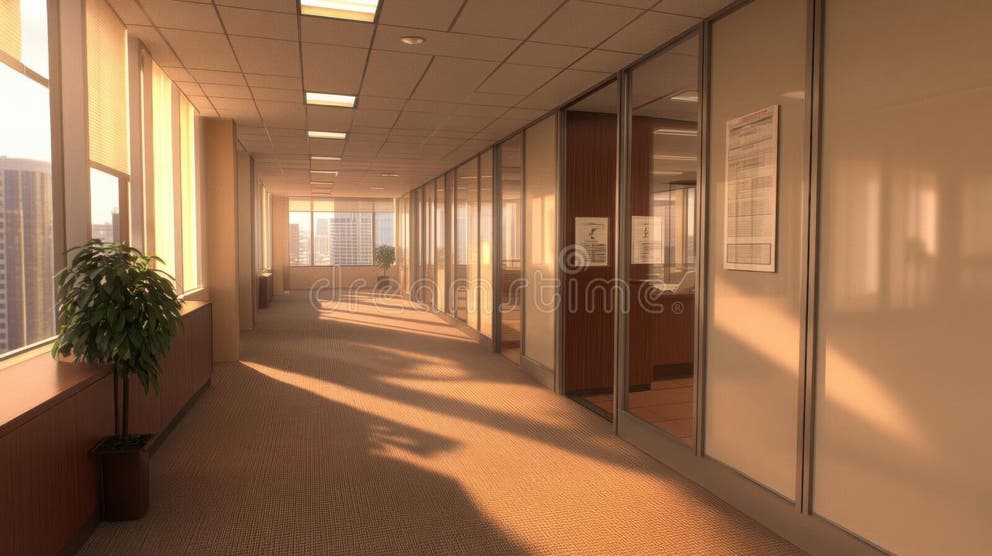 Sunlit Office Corridor stock image. Image of clean, interior - 366964449