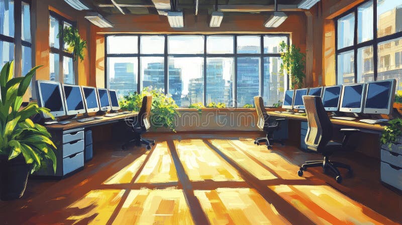 Sunlit Office Interior with Multiple Computer Workstations Stock ...