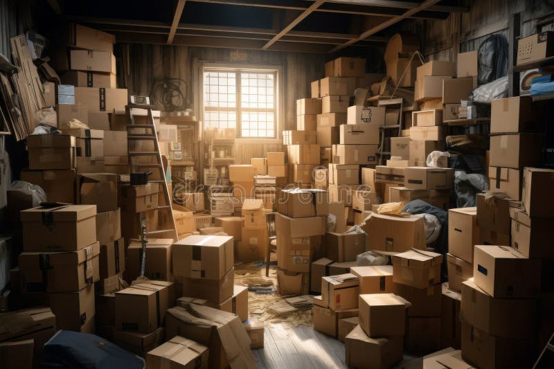 Sunlit Old Warehouse Crowded with Boxes and Forgotten Items. Generative ...