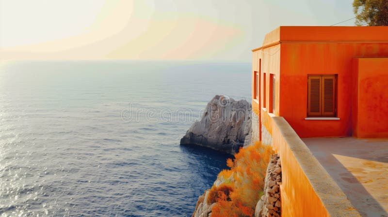 Sunlit Orange House on Cliffside Overlooking Tranquil Ocean. Stock ...