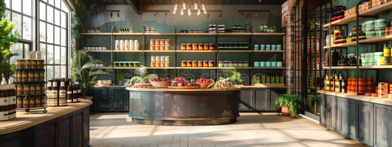 Sunlit Organic Store Interior with Rustic Decor and Natural Products ...