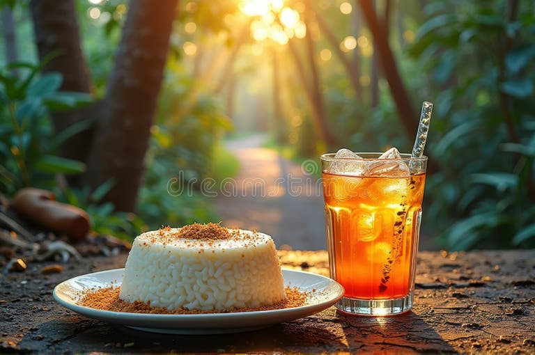 Sunlit Outdoor Breakfast with Rice Dessert and Iced Tea on Forest ...