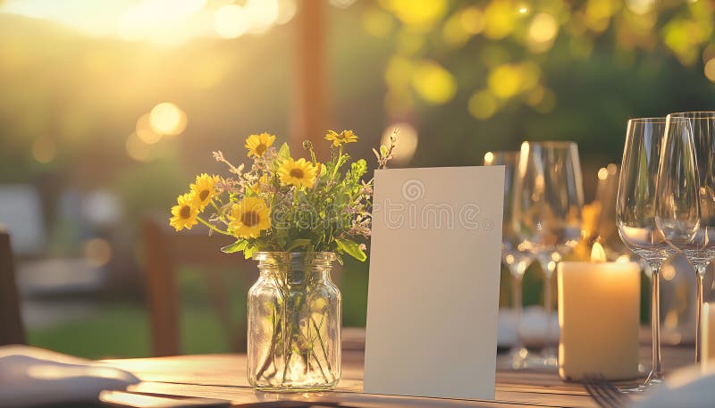 Sunlit Outdoor Dining Scene with Flowers, Candles, and Blank Menu on ...
