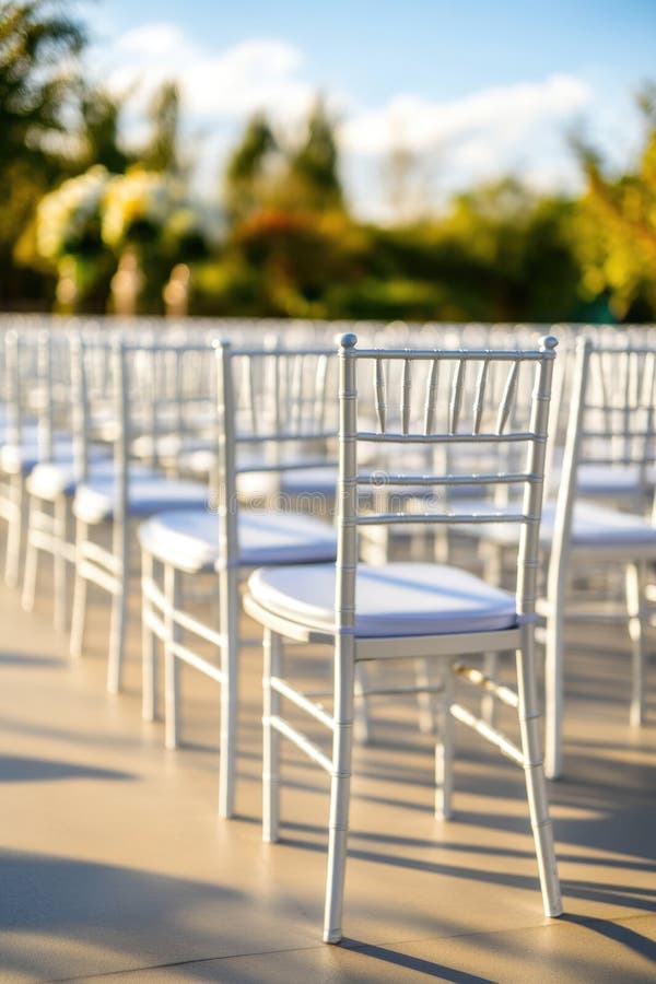 Sunlit Outdoor Event Setup with Rows of Elegant White Chiavari Chairs ...