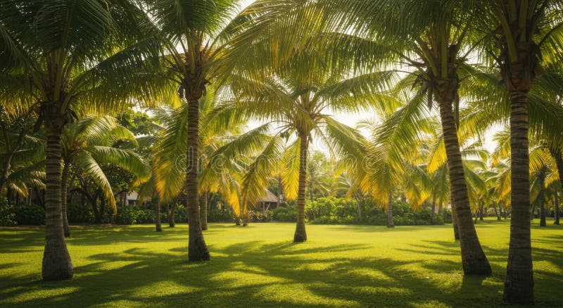 Sunlit Palm Tree Grove on Lush Green Lawn Stock Illustration ...