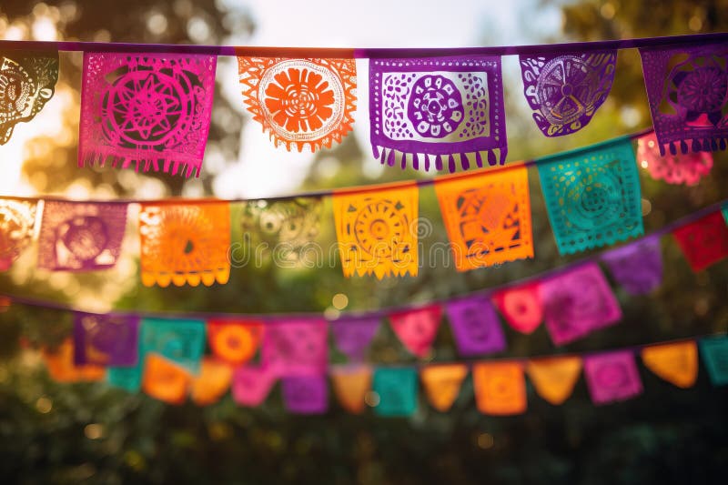 Sunlit Paper Banners with Detailed Cutouts Float Above a Garden Setting ...