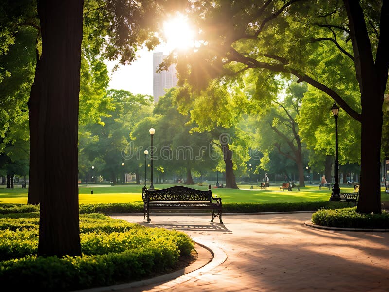 Sunlit Park Bench on a Path Stock Image - Image of nature, leaves ...